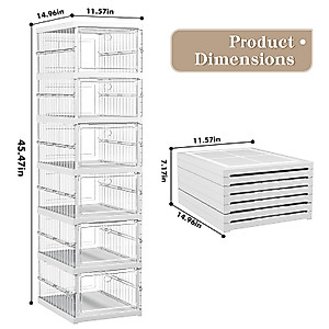 Shoe Box Organizer 6-Tier- No-Assembly, One-Piece Design, Magnetic Clear Doors, Compact Foldable & Space-Saving, Ideal for Sneaker Display & Everyday Footwear, Dimensions 11.3"x15"x45.7" - Clear White