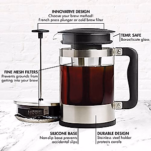 Primula 2-in-1 Coffee Maker, Make French Press Coffee and Cold Brew Coffee in One Coffee Maker, Comfort Grip Handle, Durable Glass Carafe, Perfect 6 Cup Size