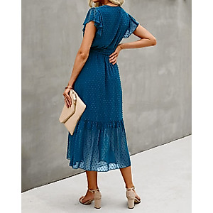 BTFBM Women Summer Bohemian Floral Casual Wrap V Neck Ruffle Cap Sleeveless Belt A-Line Pleated Hem Swing Midi Sun Dress (Swiss Dot Lake Blue, l)