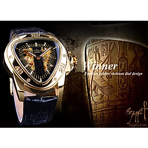 Winner Fashion Mechanical Wrist Watch Triangle Racing Dial, Waterproof Golden Skeleton Dial Automatic Movement Leather Design Mechanical Watch for Men