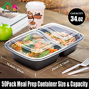 Meal Prep Container 2 Compartments, 50 Pack Meal Prep Container Microwave Safe, Food Storage Container with Lids, 34oz Disposable Bento Box To-Go Boxes Reusable Plastic Bento Lunch Box Dishwasher Safe