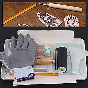Rustark 24 Pieces Block Printing Starter Tool Kit with Whetstone, Stamp Block, Carving Tools, Tracing Papers,Pencil, Gloves,Eraser and Scrapper, Rubber Stamp Making Kit for Stamping and Printmaking