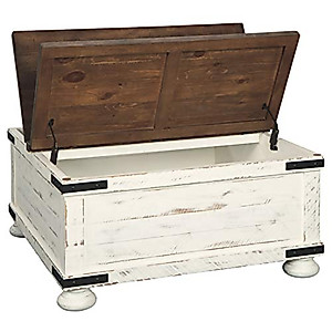 Signature Design by Ashley Wystfield Farmhouse Square Storage Coffee Table with Hinged Lift Top, Distressed White and Chair Side End Table with Cabinet Door for Storage, White & Brown
