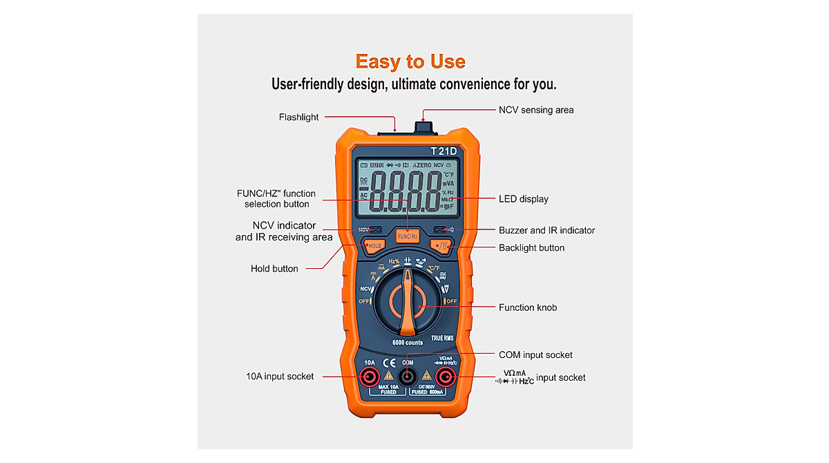 Auto-Ranging Digital Multimeter TRMS 6000 Counts for Precise Testing