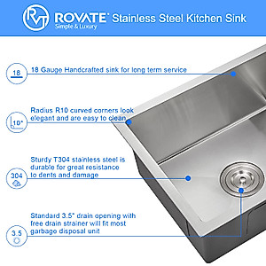 ROVATE 20 inch Kitchen Sink Undermount Singel Bowl, Bar or Kitchen Sink Handmade, 304 Stainless Steel Kitchen Sink with Strainer