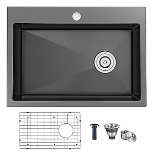 KINKIB 26 inch Drop-in Black Kitchen Sink Single Bowl, Topmount Kitchen Sink with Protective Bottom Grid, Overmount 304 Stainless Steel Kitchen Bar Sink Handmade with Basket Strainer, 26×18×9 inch
