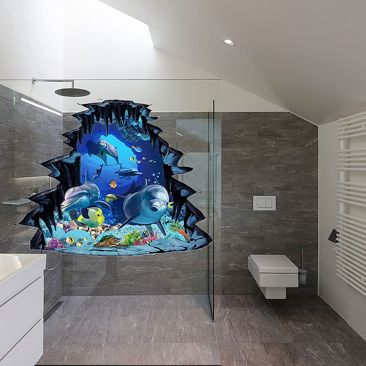 Ocean Dolphin 3D Floor Wall Decals, Under The Sea Marine Animal Wall Stickers, HOLENGS Underwater Sea Life DIY Wall Decor for Bathroom Kids Girls Baby Bedroom Classroom Nursery Decoration