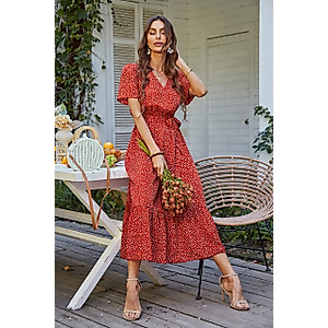 PRETTYGARDEN Women's 2024 Floral Boho Dress Wrap V Neck Short Sleeve Belted Ruffle Hem A-Line Flowy Maxi Dresses (Red Floral,Large)