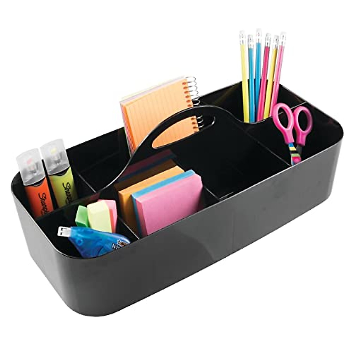 mDesign Large Plastic Divided Office Storage Organizer Caddy Tote with Handle for Cabinet, Desk, Workspace - Holds Desktop Supplies, Pens, Pencils, Markers, Staplers - Lumiere Collection - Black