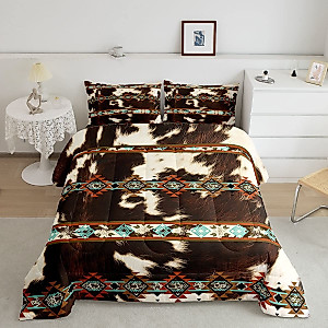Erosebridal Cowhide Quilt Brown Highland Cow Print Queen Comforter Set,Western Bedding Set Exotic Aztec Duvet Insert,Farmhouse Wild Animals Longhorn Skin Room Decor Cowboys Gifts for Men