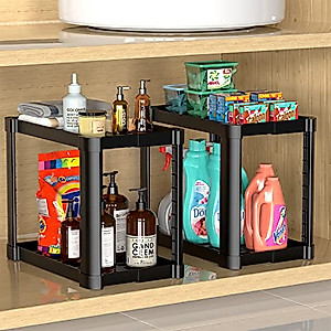 2 Pack Under Sink Organizers and Storage, 2 Tier Expandable Under Bathroom Cabinet Basket Storage Rack, Multi-purpose Storage Shelf for Bathroom Kitchen