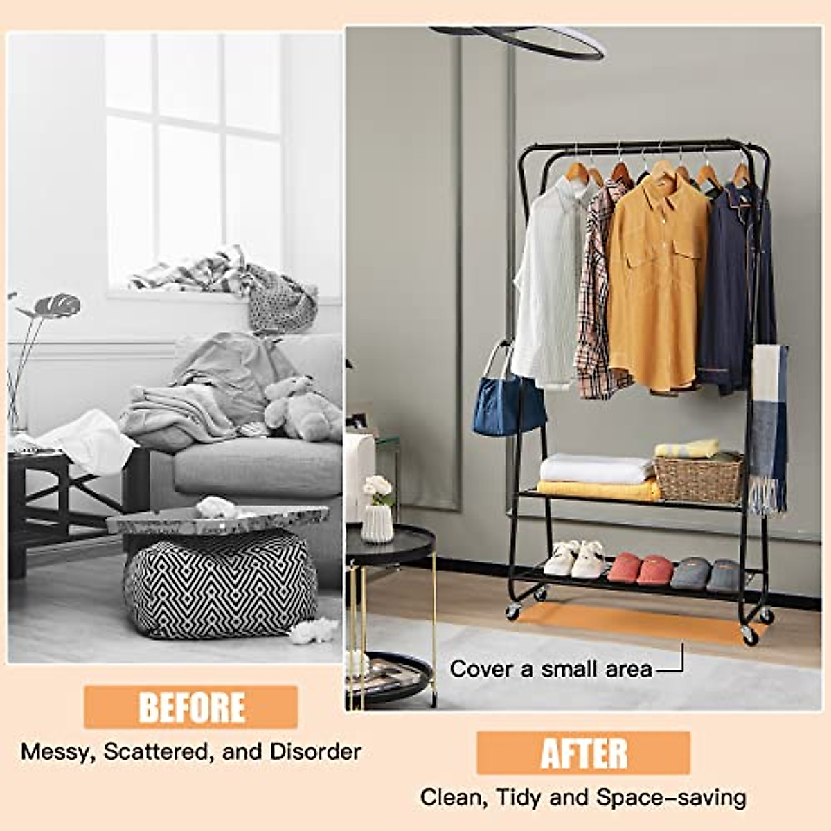 Tangkula Heavy Duty Clothes Rack with Shelves, Double Rod Rolling Garment Rack on Wheels with 4 Hooks, Portable Hanging Clothes Rack for Organizing Clothes and Shoes, Freestanding Clothing Racks