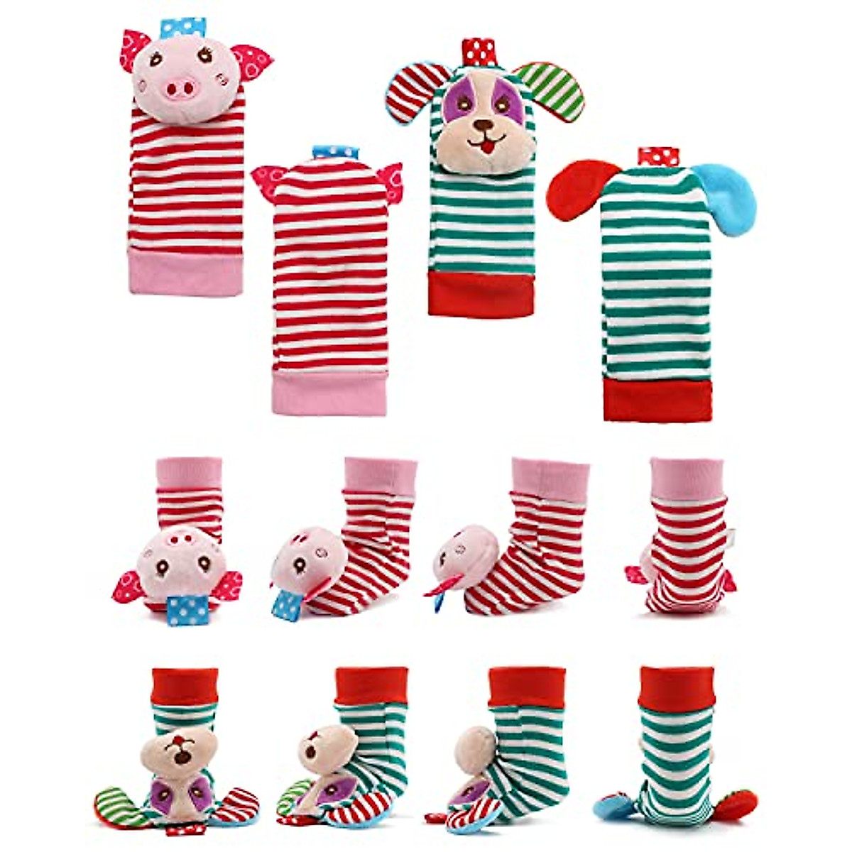 Soft Baby Rattle Toys, Wrist Rattle Foot Sock Rattles, Hand Arm Leg Ankle Handheld Rattles for Infants, Sensory Plush Animal Toys for Newborn Baby Girls and Boys (A8)