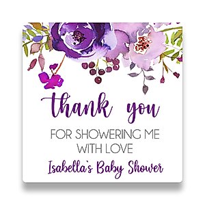 Personalized Purple & Lavender Floral Baby Shower Favor Stickers | Set of 20 Square Baby Shower Thank You Labels (FL138)