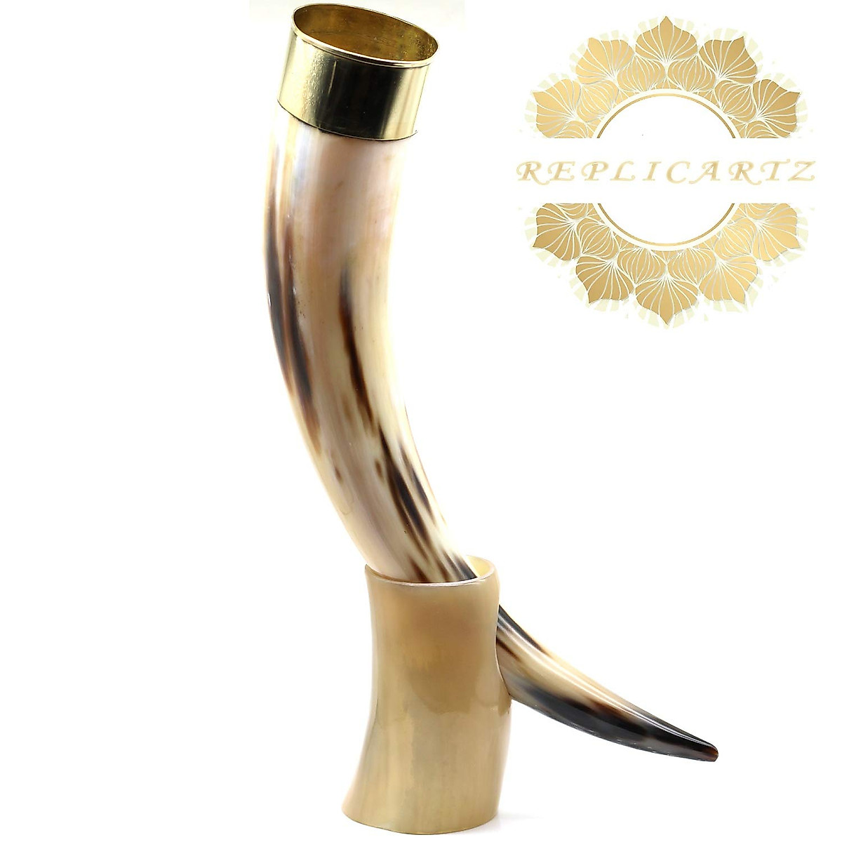 Natural FInish Authentic Handcrafted Viking Drinking Horn - 12" Natural - Best for Beer, Mead, Ale… (Brass Rim Polished)