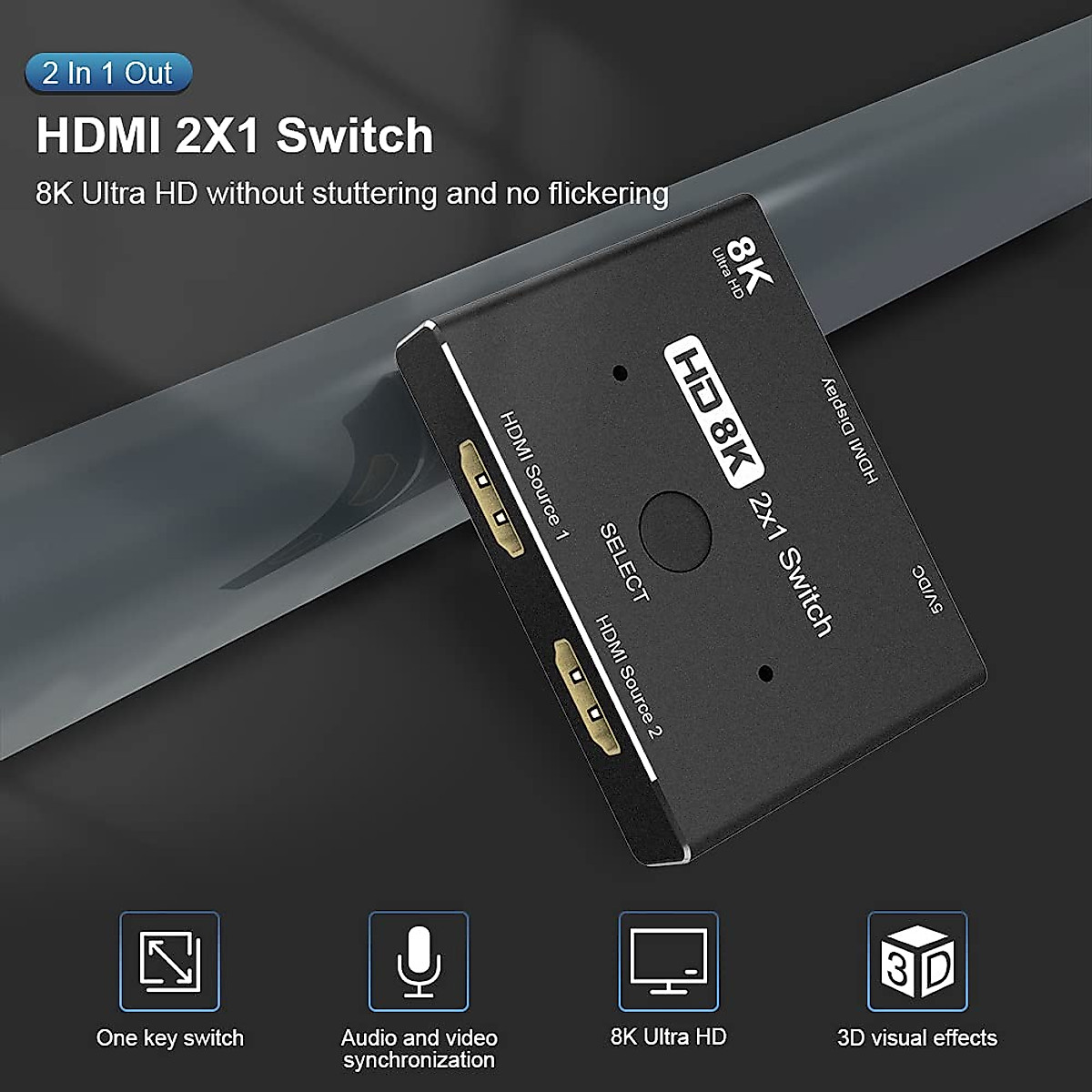 New 8K Switcher HEZOOMS HDMI 2.1 Switch Splitter 2 in1 Out Ultra HD 8K@60Hz 4K@120Hz High Speed 48Gbps Switch Adapter with Switch Button for Computer Laptop 2 Sources to 1 Display