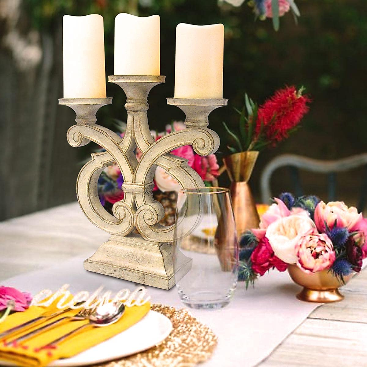 Antique Resin Candle Holder W/3 Arms,Fit 3.1" Candle, 11.8" H Candle Holders ,Ideal for LED & Pillar Candles, Gifts for Wedding,Party, Home, Spa, Reiki, Aromatherapy,Votive Candle Gardens.