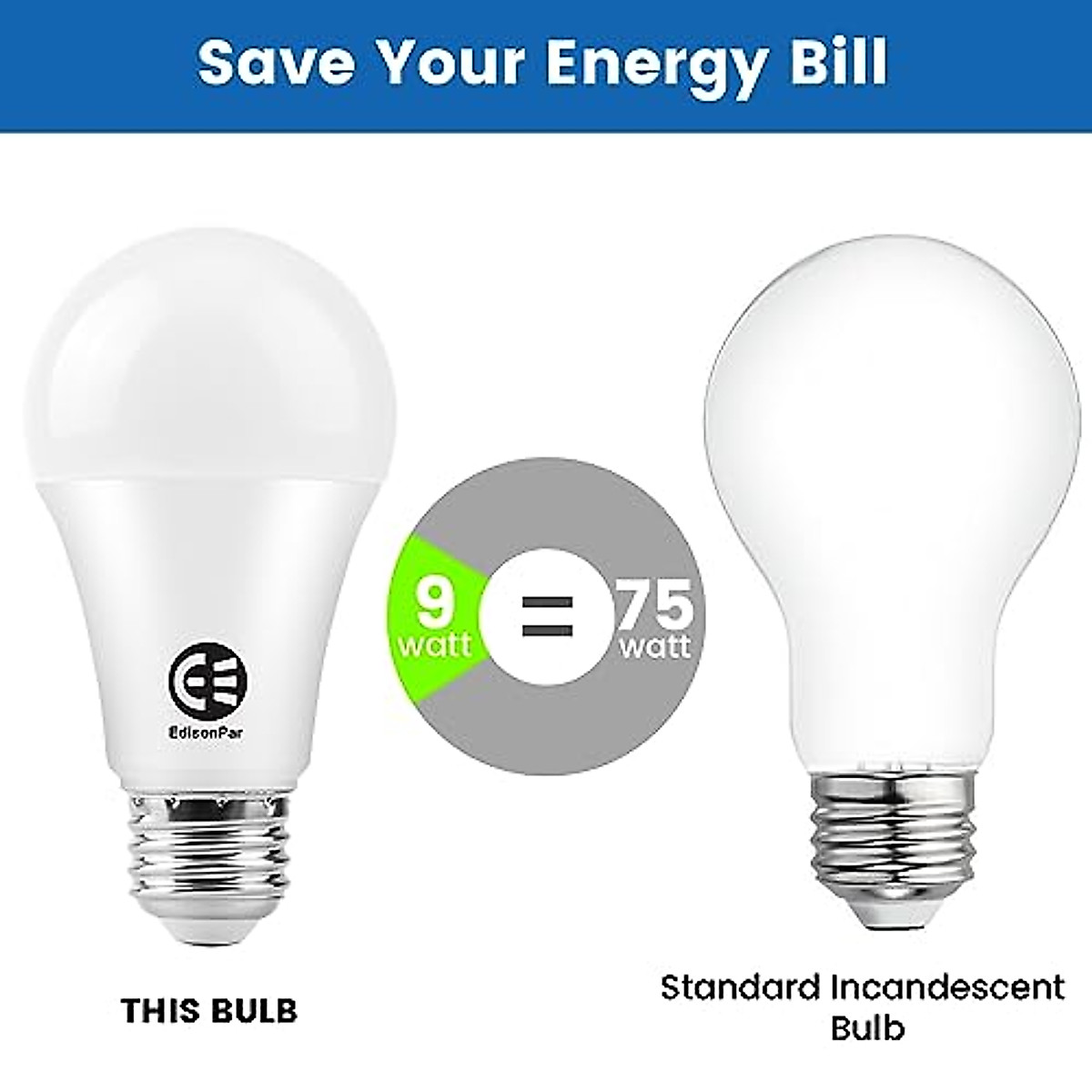 EdisonPar A19 6-Pack LED Light Bulbs, E26 Base 75W Equivalent 1000lumens 4000K Neutral Daylight, Cool White (CWF), Non-Dimmable 9W 15000Hrs Indoor UL