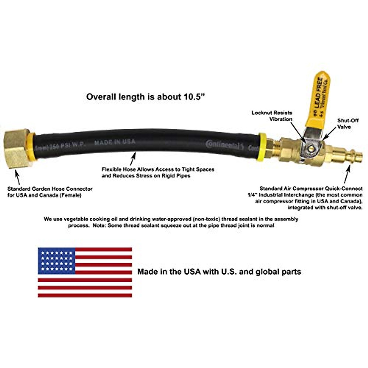 Winterize Sprinkler Systems and Outdoor Faucets: Air Compressor Quick-Connect Plug To Female Garden Hose Faucet Blow Out Adapter with Shut Off Valve (Lead-Free Brass), 10.5" Long