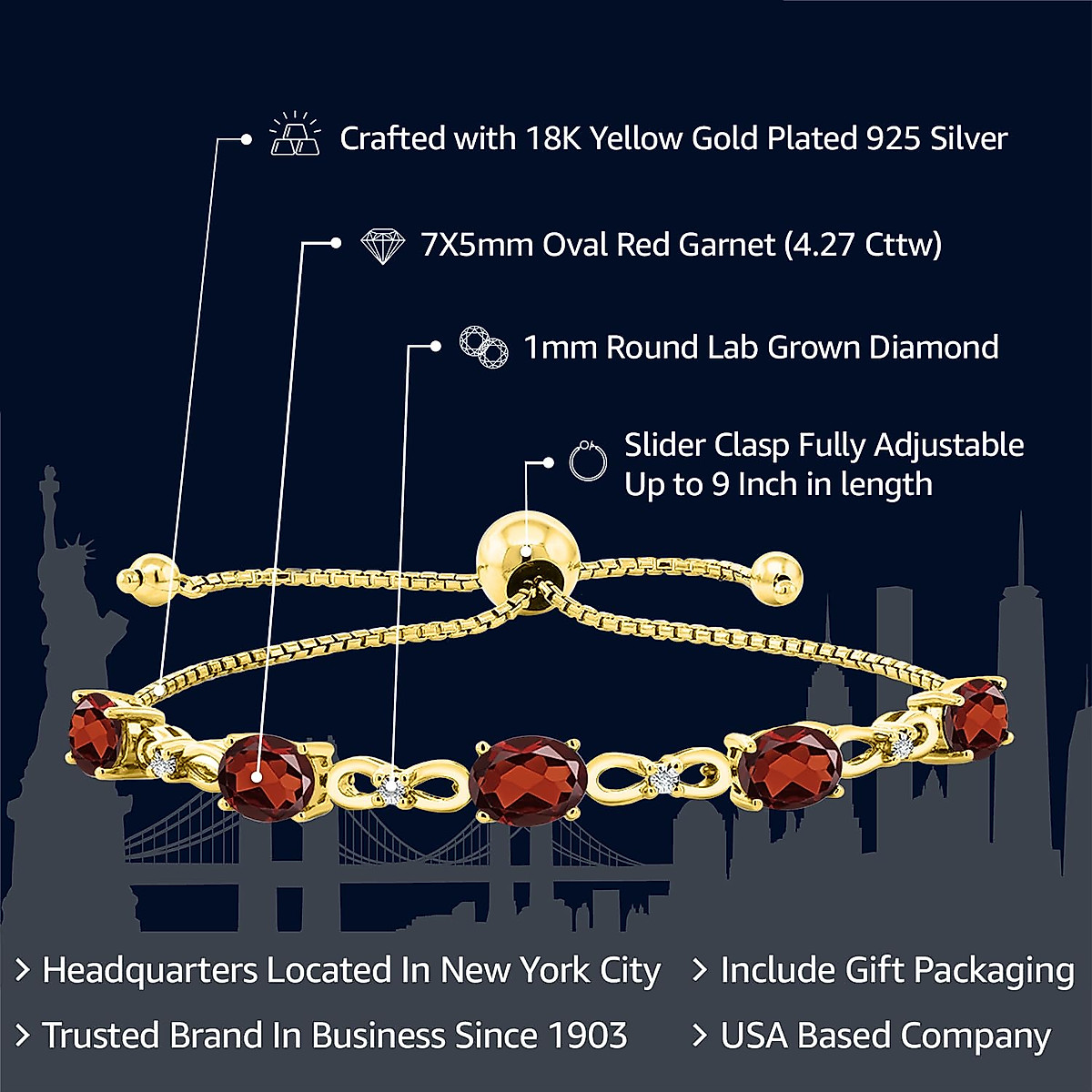 Gem Stone King 18K Yellow Gold Plated Silver Red Garnet and White Lab Grown Diamond Tennis Bracelet For Women (4.37 Cttw, Gemstone January Birthstone, Oval 7x5MM, Fully Adjustable Up to 9 Inch)