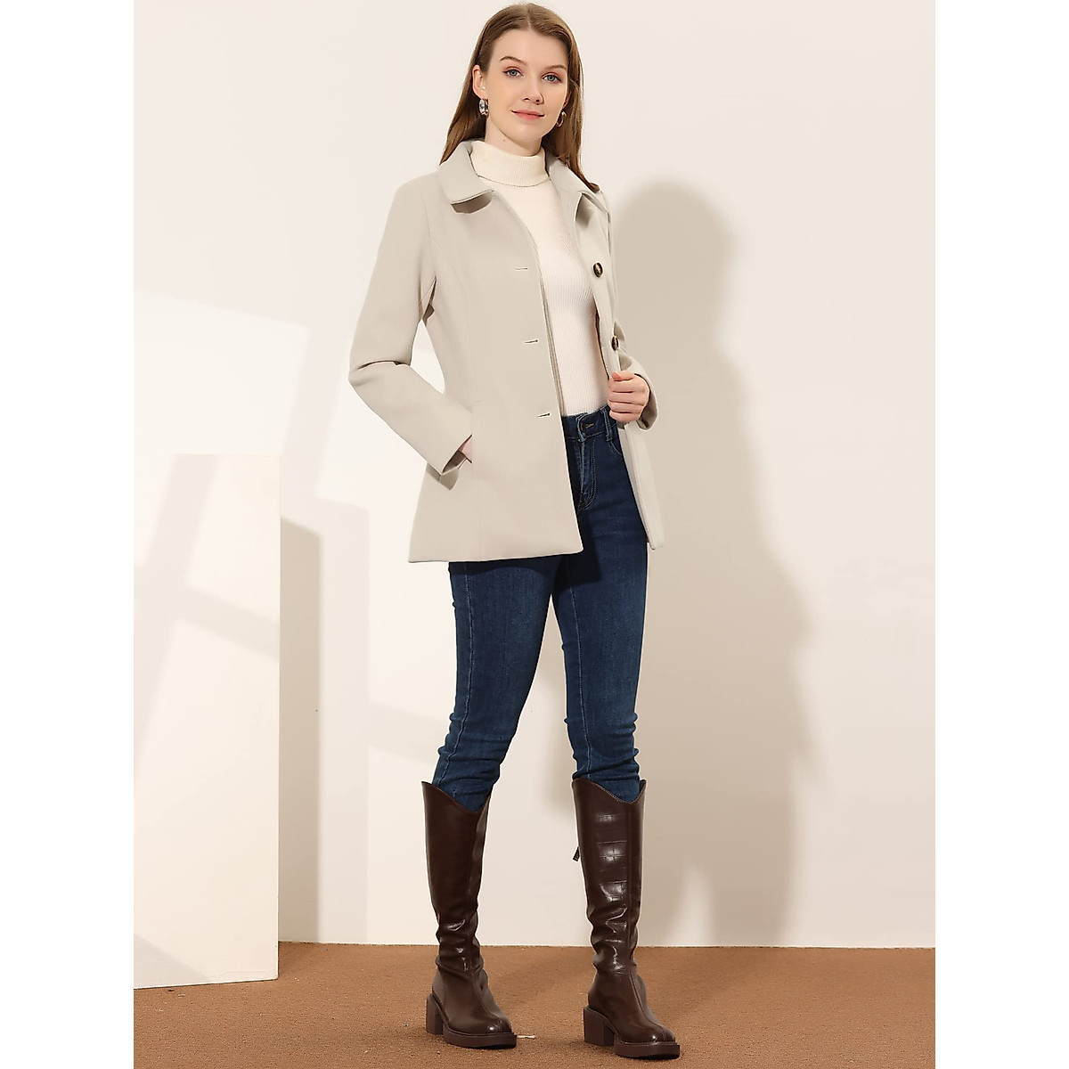 Allegra K Women's Peter Pan Collar Single Breasted Overcoat Coat Small Beige