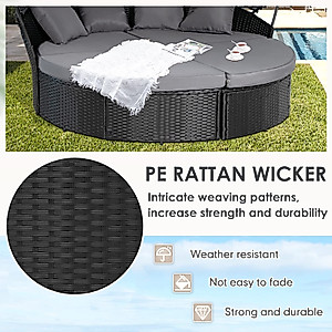SUNCROWN Outdoor Patio Round Circular Daybed with Retractable Canopy Black Wicker Furniture Sectional Seating seat Patio Backyard Porch Pool