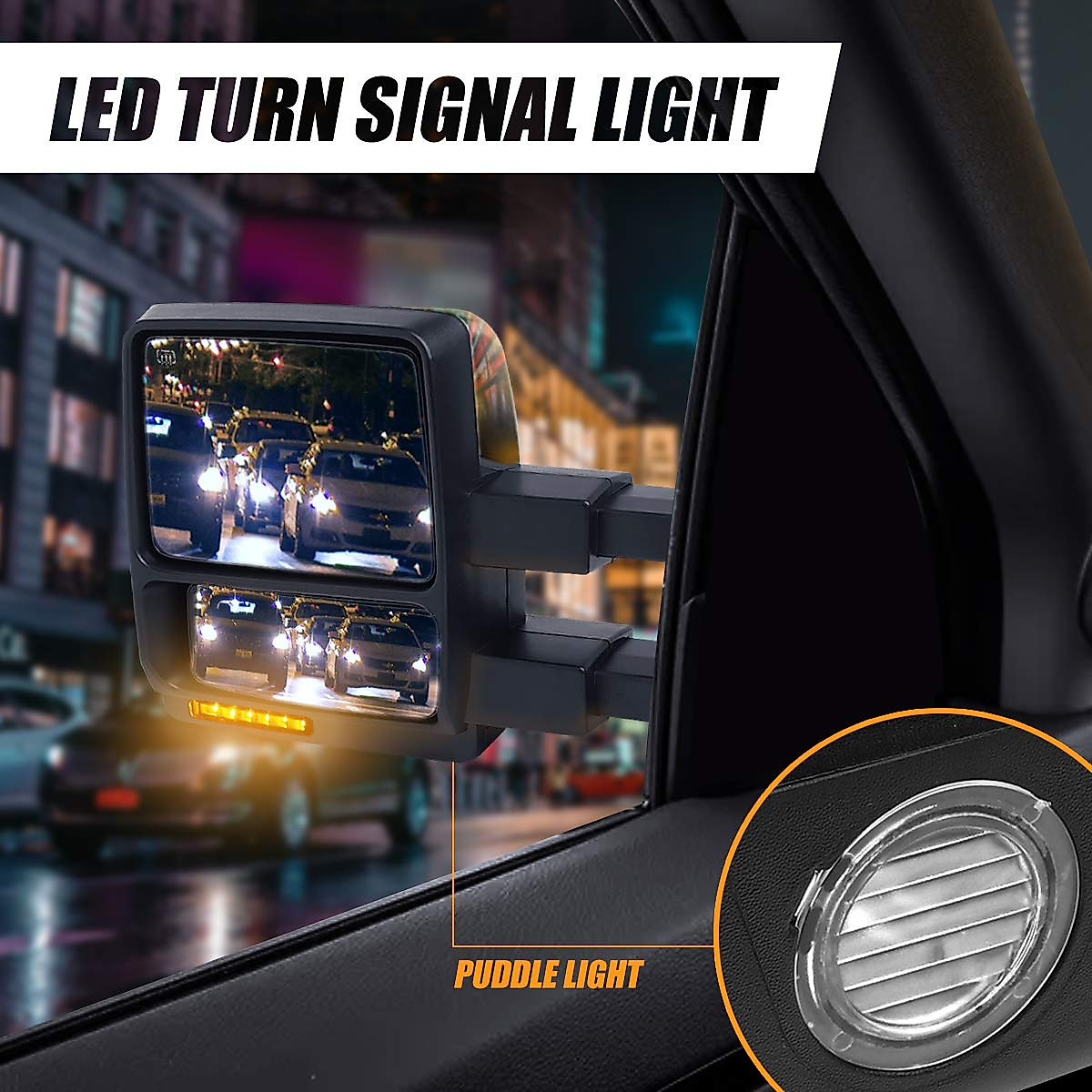 Auto Dynasty Pair Chrome Power Heated Amber LED Turn Signal w/Puddle Light Side Towing Mirror Compatible with Ford F-150 04-14