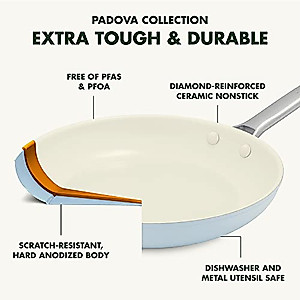 GreenPan Padova Hard Anodized Healthy Ceramic Nonstick, 12" Frying Pan Skillet with Lid and Helper Handle, PFAS-Free, Dishwasher Safe, Light Blue