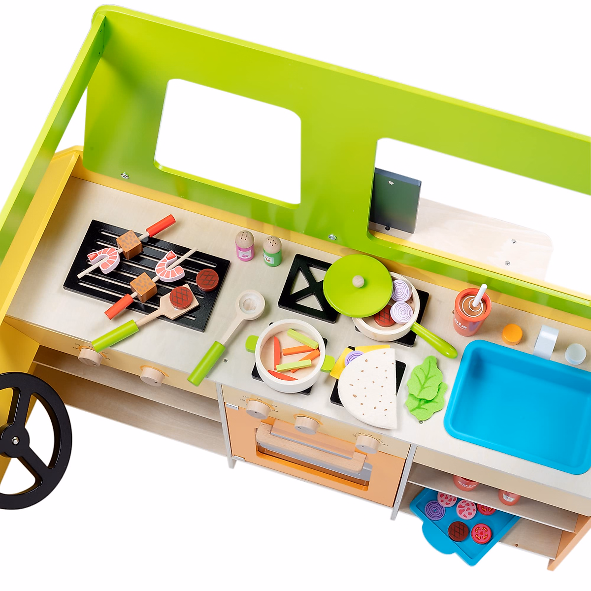 Taco Truck Wooden Playset, 30 Toy Pieces Including Cook Top, Steering Wheel, Sink, Sticker Sheet for Kids Name, Food, Taco Shells, Cheese, Patties, Dual Sided Play Stand Set for Indoor Fun, Ages 3+