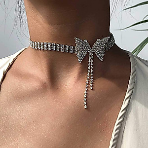 ELABEST Rhinestone Bowknot Butterfly Star Necklace Sparkly Tassel Choker Crystal Tennis Chain Nightclub Party Jewelry for Women (Butterfly tassel)