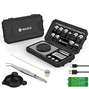 MAXUS Milligram Scale 50g/0.001g, Compact Mg Scale with 50g Calibration Weight, Black Powder Scale for Reloading, includes a Scoop, a Powder Pan, a USB Cable and Tweezers