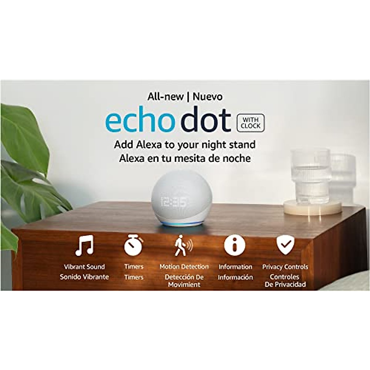 All-New Echo Dot (5th Gen, 2022 release) with clock | International Version with EU Power Adaptor | Smart speaker with clock and Alexa | Glacier White