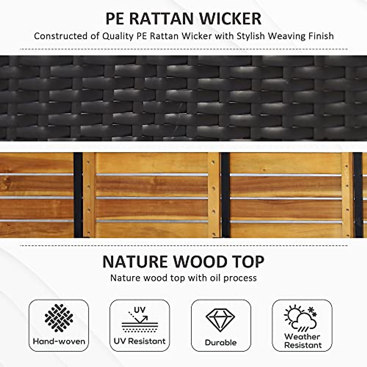 Outsunny Patio Wicker Storage Bench, Outdoor PE Rattan Patio Furniture, Air Strut Assisted Easy Open, 2-in-1 Large Capacity Rectangle Basket Box with Handles & Wooden Seat, Black