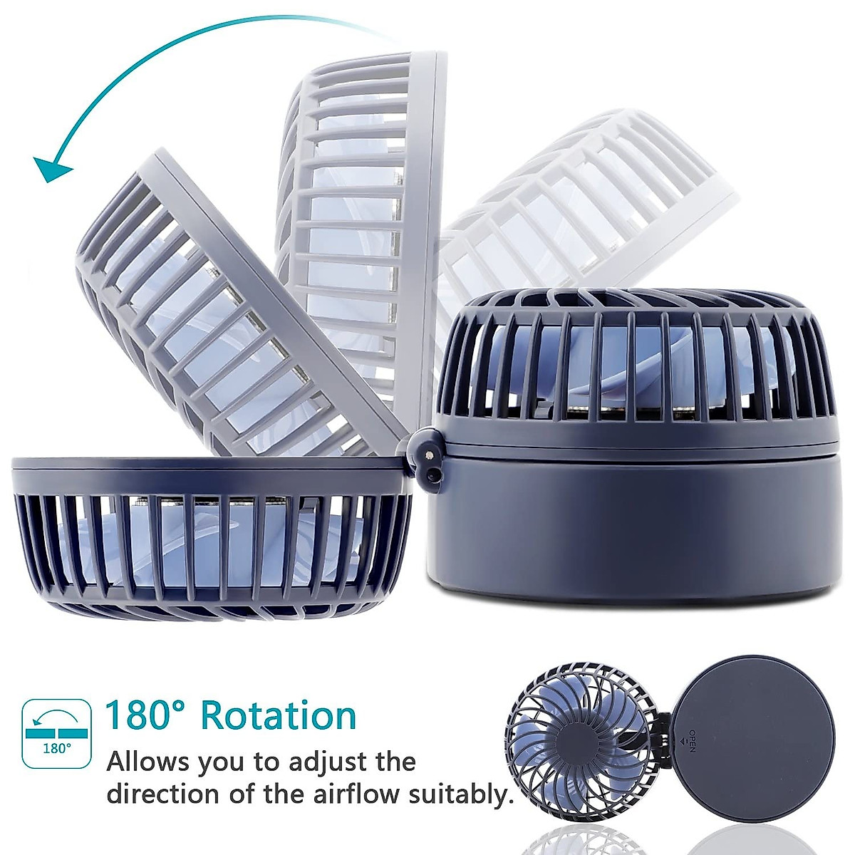 HandFan Mini Necklace Fan with Portable Charger/Makeup Mirror, Personal Hanging Neck Fan Rechargeable, Hands-Free Battery Operated Wearable Fan for Travel Outdoor Makeup(Blue)