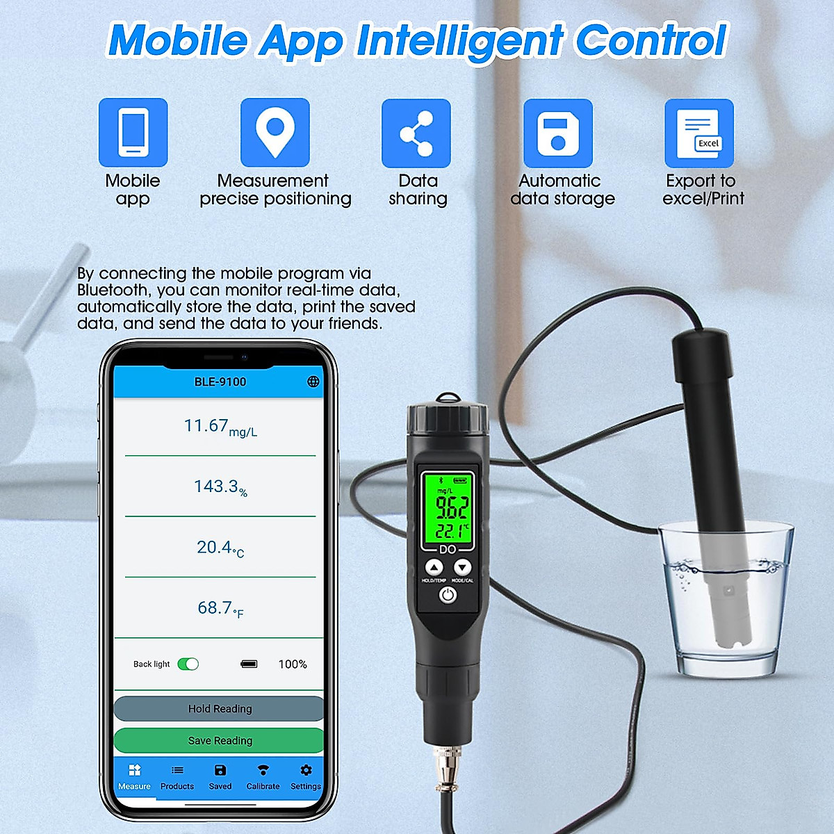 LYCEBELL Dissolved Oxygen Meter with Bluetooth Filling Fluid Range:0-30mg/L, with Automatic Temperature Compensation Function,Pen Type Dissolved Oxygen Test Kit for Aquarium, Ponds, Aquaculture