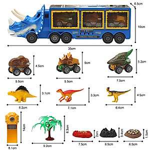 Dinosaur Toys for Kids 3-7,Toddler Dinosaur Toy with Music, Roaring Sound and Flashing Light, 14 in 1 Dinosaur Car Toy Truck with 3 Dino Cars, 3 Dino Figures, 2 Rocks, 2 Trees, 1 Ladder and 1 Door