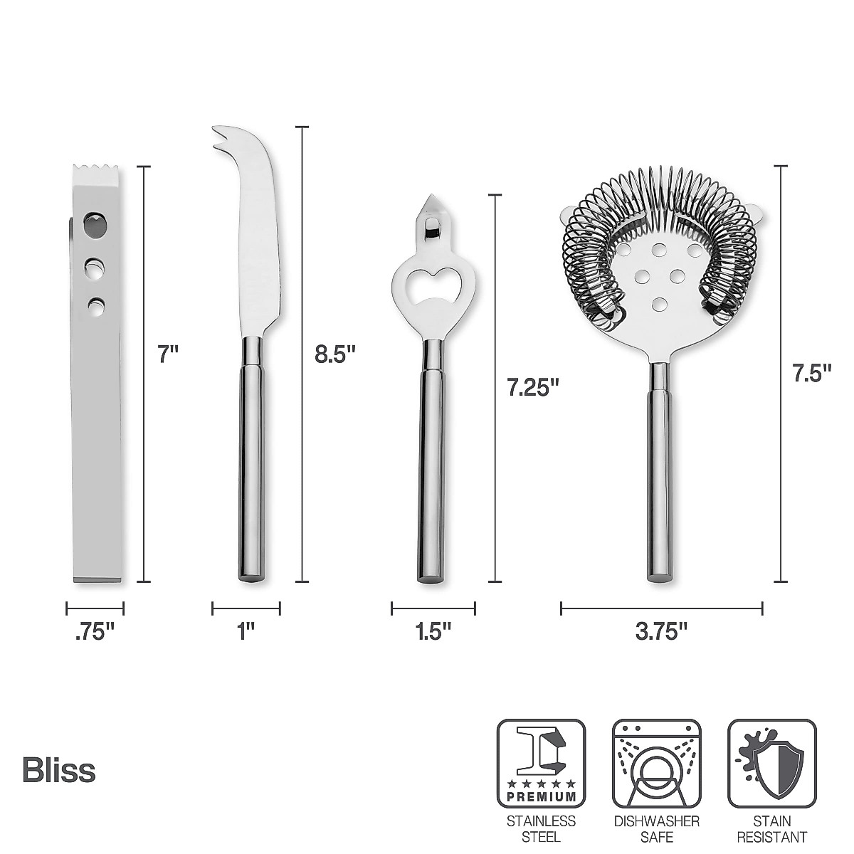 Mikasa Bliss Bar Tool Set with Wooden Stand, 8 Piece, Stainless Steel