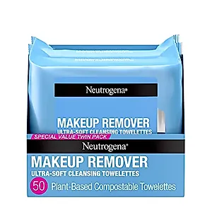 Neutrogena Makeup Remover Cleansing Face Wipes, Daily Cleansing Facial Towelettes Remove Makeup & Waterproof Mascara, Alcohol-Free, 100% Plant-Based Fibers, Value Twin Pack, 25 count, 2 pk