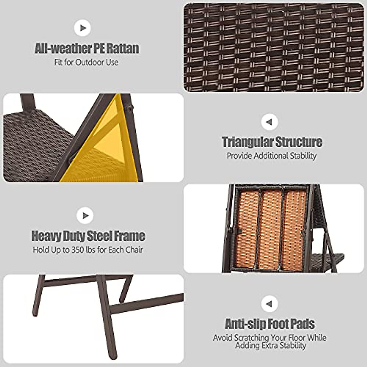 HAPPYGRILL Folding Rattan Chairs Outdoor Set of 2 Patio Rattan Wicker Bistro Chairs with Weather-Resistant PE Rattan and Anti-Rust Steel Frame