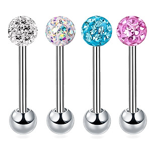 ZHIYAOR Anti-allergy Surgical Steel Tongue Rings Women Handmade Epoxy Crystal Piercing Barbells 14G 16mm (AB+Blue+Pink+White)