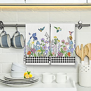 POILKMNI 2 PCS Summer Hummingbird Kitchen Dish Towels, Tulip Flowers Butterfly Tea Towels, Summer Wild Floral Hand Towels Hummingbird Kitchen Decor Housewarming Gifts for New Home 18x27.5