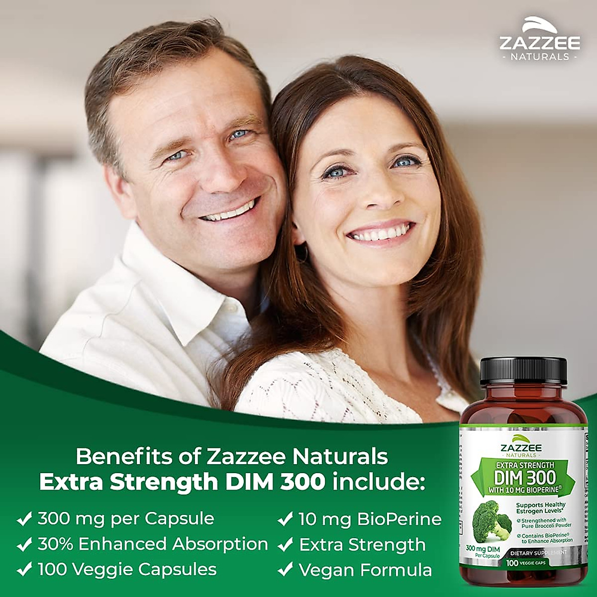 Zazzee Extra Strength DIM 300, 10 mg BioPerine and 300 mg DIM per Capsule, 100 Vegan Capsules, 3+ Month Supply, Plus Pure Organic Broccoli Extract, 100% Vegetarian, All-Natural and Non-GMO