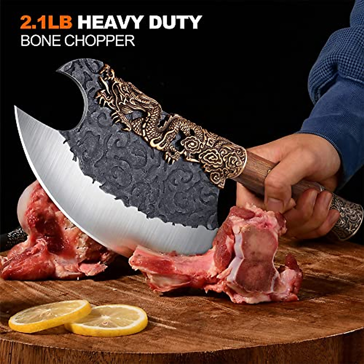TIVOLI Heavy Duty Bone Chopping Axe, Bone Cutting Knife, Forged Carbon Steel Butcher Meat Cleaver, Multipurpose Bone Chopper Knife with Wood Handle Perfect for Kitchen Outdoors