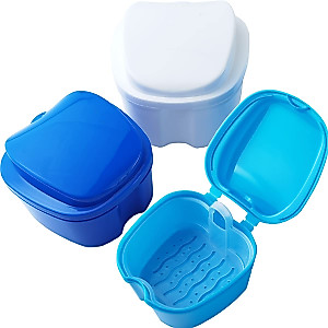 GXXMEI 3PCS Denture Case, Denture Cup with Strainer, Denture Bath Box Case False Teeth Storage Box with Basket Net Container Holder for Travel