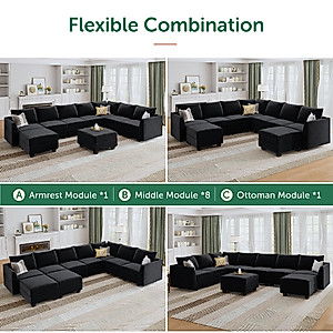HONBAY Modular Sectional Sofa Velvet U Shaped Couch with Storage Oversized Sectional Sofa Couch for Living Room, Black