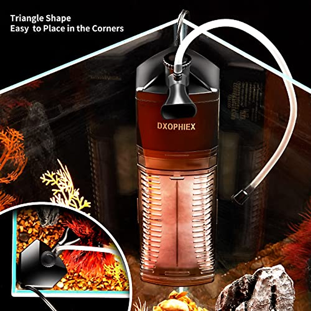 DXOPHIEX Internal Filter for Aquarium, Submersible Aquarium Filter for 5-12gallon Fish Tank and Turtle Tank with Triangle Shape Design Adjustable Water Flow and Replacement Cartridge