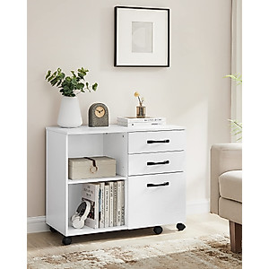 VASAGLE Lateral File Cabinet, Home Office Printer Stand, 3-Drawer Mobile Filing Cabinet with Open Storage Shelves, for A4, Letter-Size Files, White with Wood Grain UOFC041W46