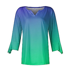 pallets for Sale Liquidation Women's Summer Blouses 3/4 Sleeve Tops for Women Trendy 2023 Cute Gradient Tunic Summer Shirts Dressy Casual Bell Sleeve V Neck Fall Blouses Green L