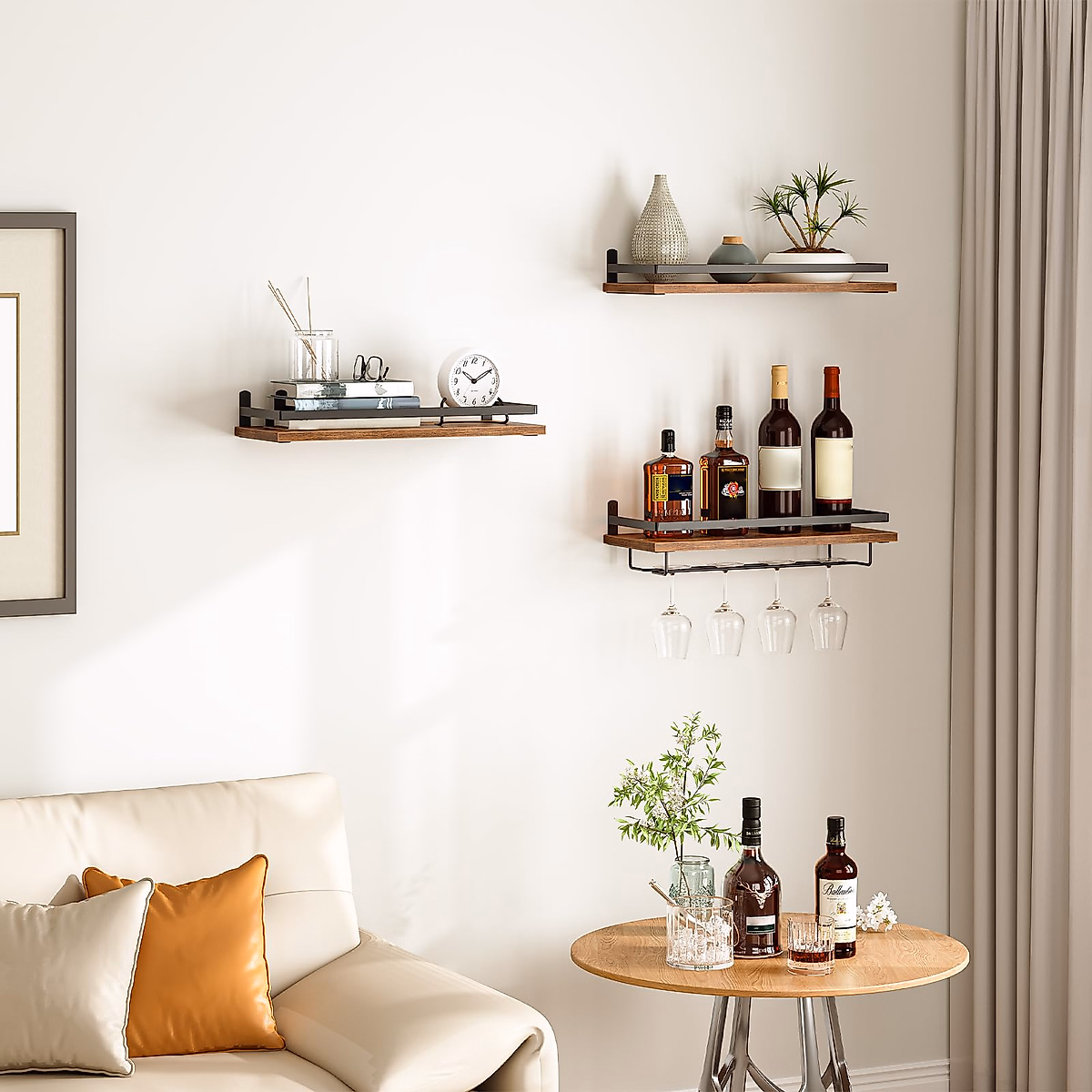 HOOBRO Wall Mounted Wine Rack 3 Pack, Wine Shelf Hanging Floating Wall Shelves, Wine Glass Bottle Rack Stemware Holder, for Living Room, Dining Room, Kitchen, Rustic Brown and Black BF34BJ01