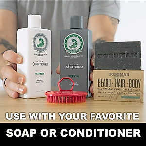 Bossman Scalp Massager and Shampoo Shower Brush - Head Scrubber - Beard Exfoliator - Hair and Beard Dandruff Control (Red)